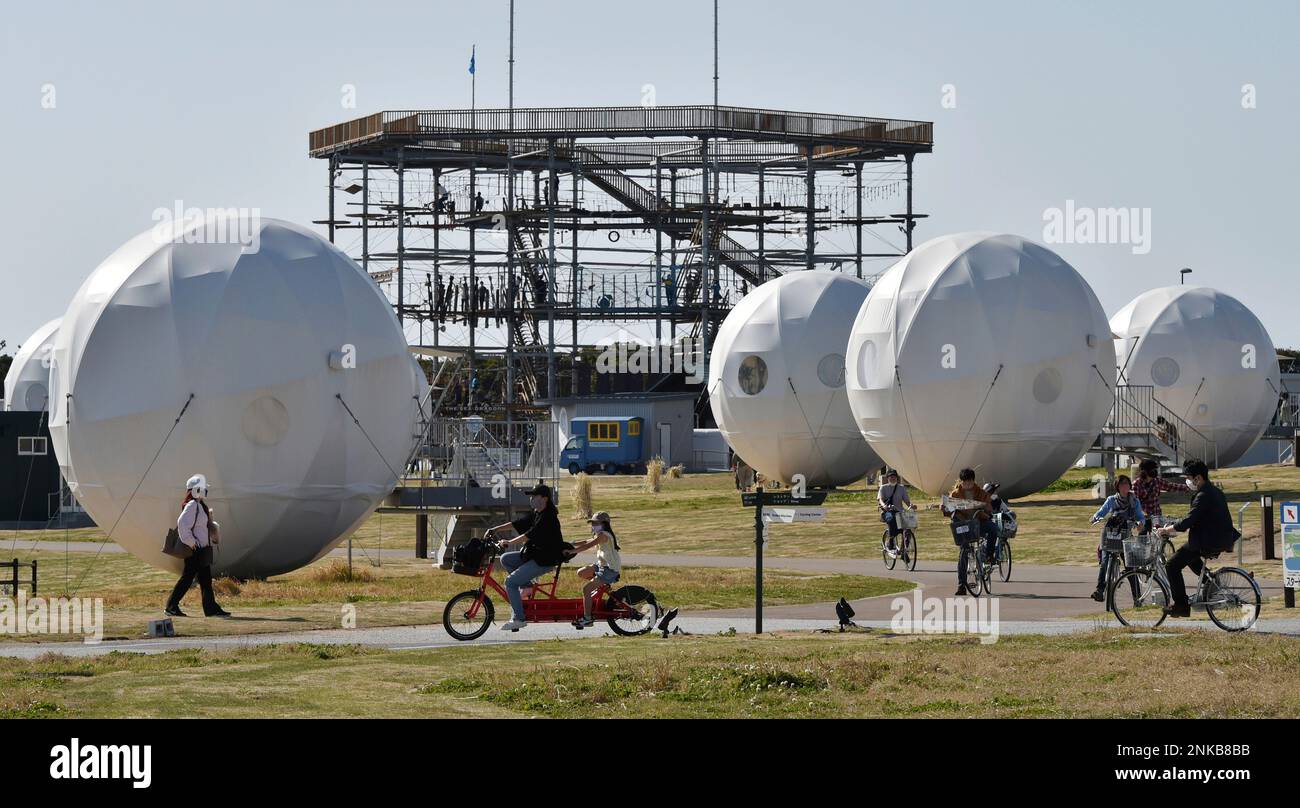 6-meter-high spherical tents are set at a glamping facility, Inn the ...
