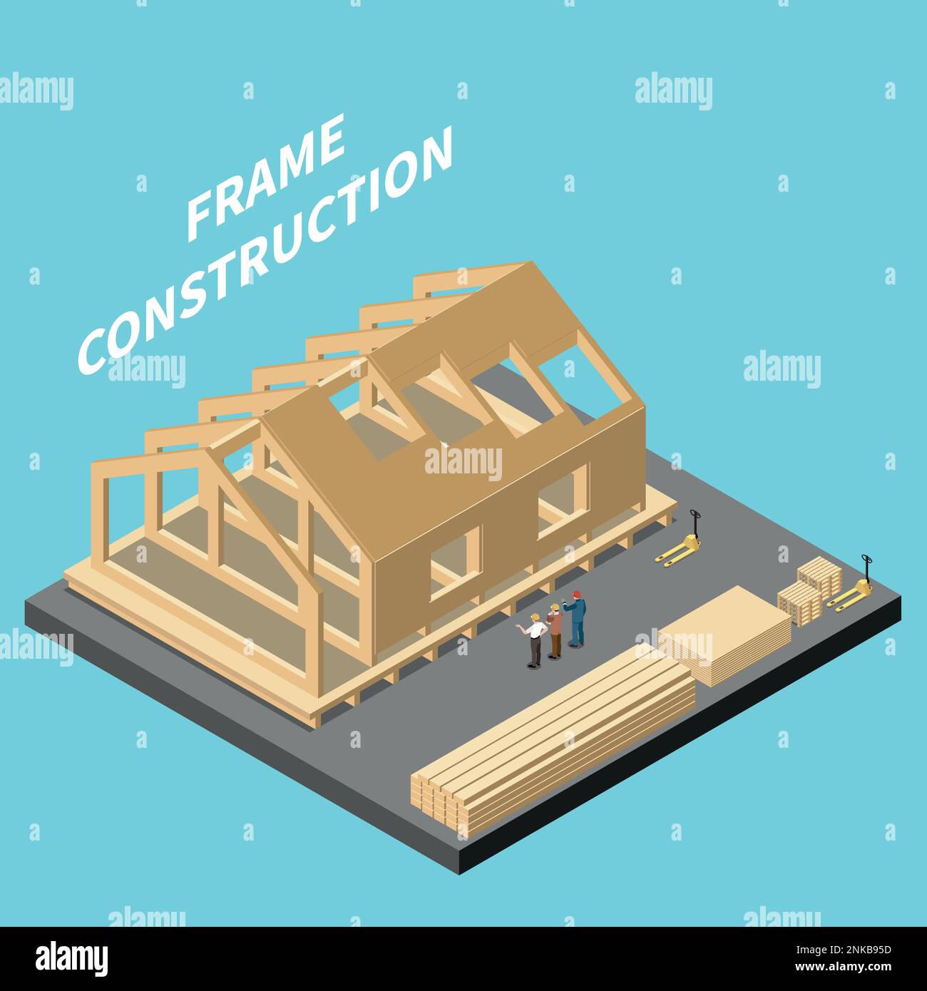 Modular building isometric concept with timber frame construction site ...