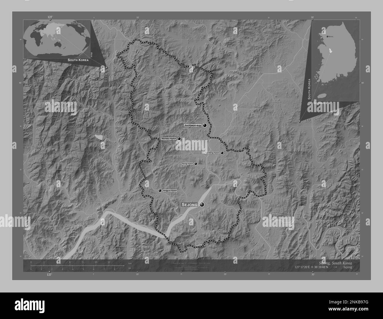 Sejong, metropolitan autonomous city of South Korea. Grayscale ...