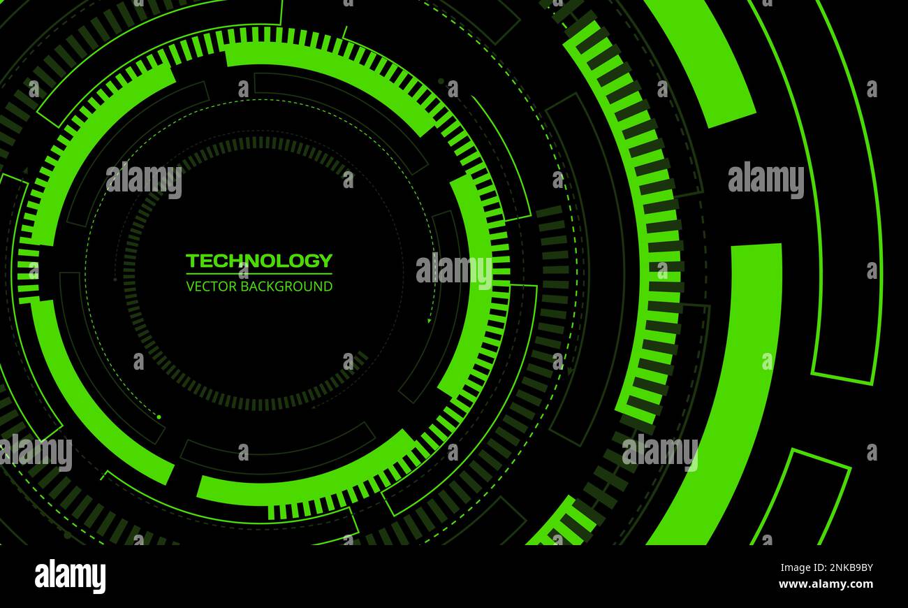 Black and green technology background with futuristic cyber HUD circular structure elements ...