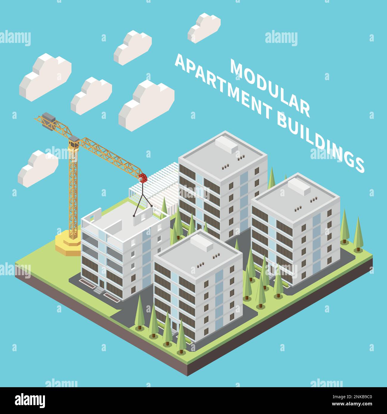Modular apartment buildings with construction site with concrete block ...