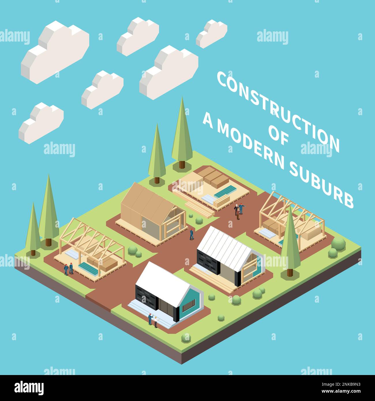 Modern suburb construction isometric concept with modular frame building vector illustration ...