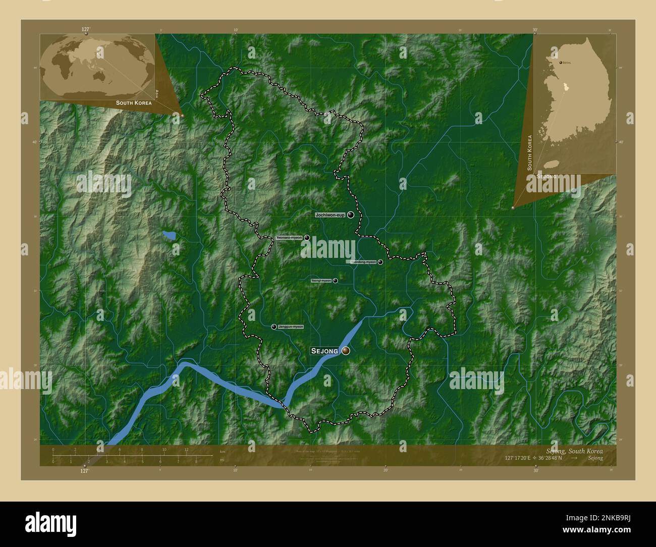Sejong, metropolitan autonomous city of South Korea. Colored elevation ...