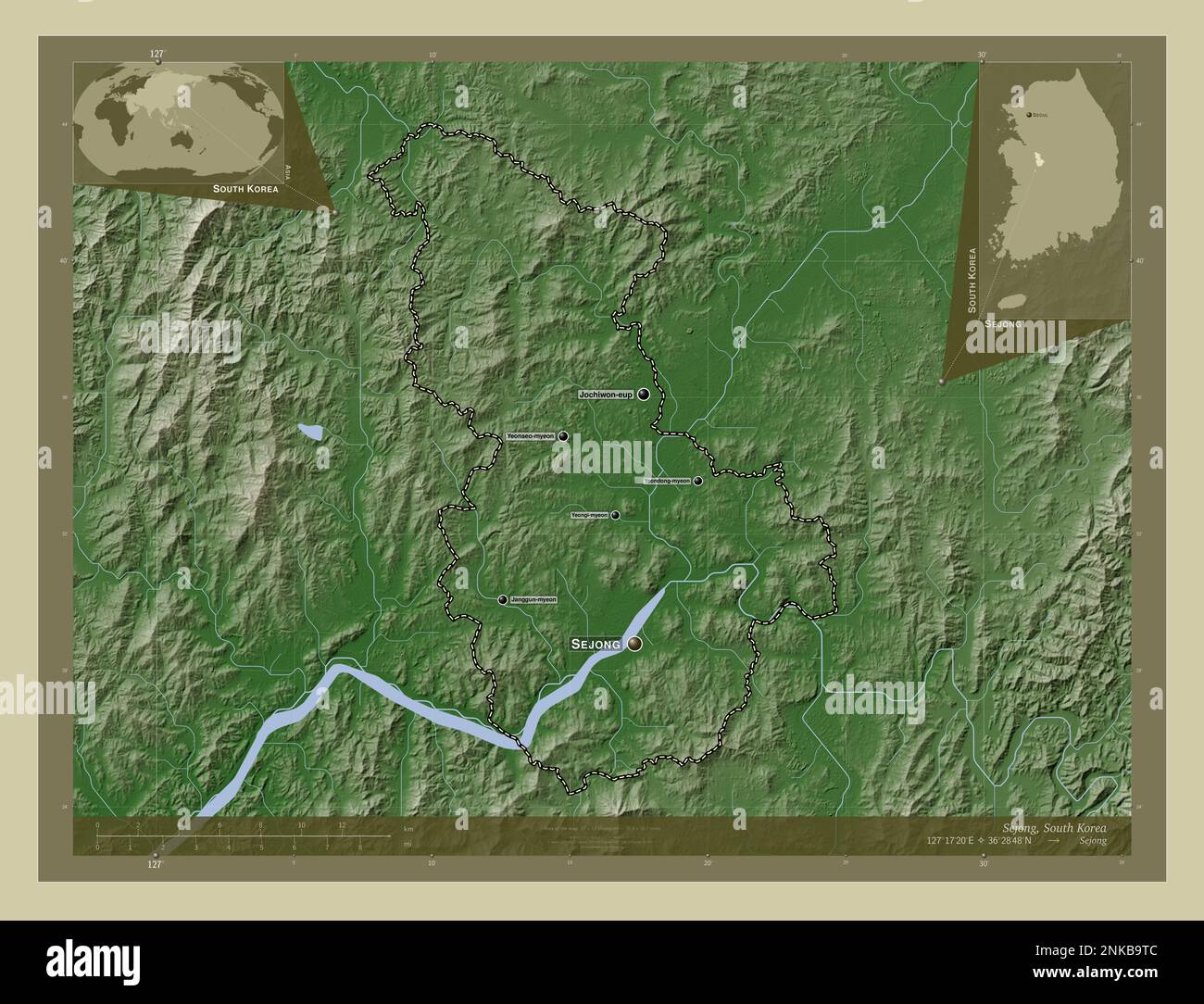 Sejong, metropolitan autonomous city of South Korea. Elevation map ...