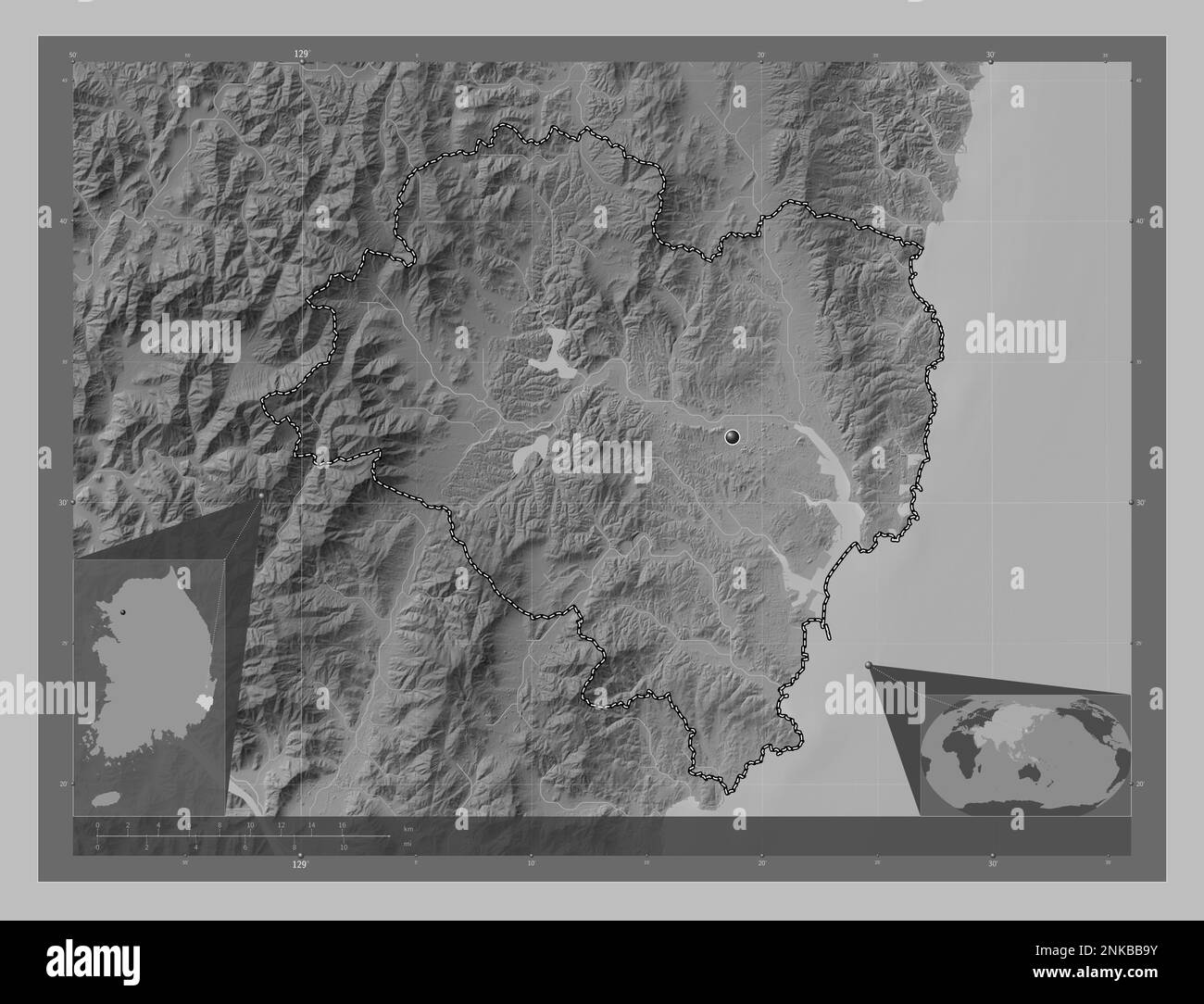Ulsan, metropolitan city of South Korea. Grayscale elevation map with ...