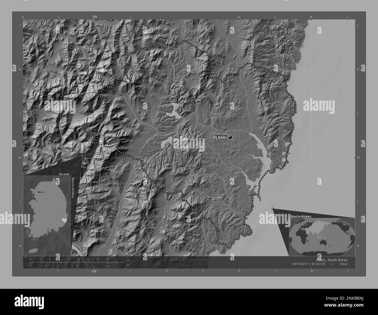 Ulsan, metropolitan city of South Korea. Bilevel elevation map with ...