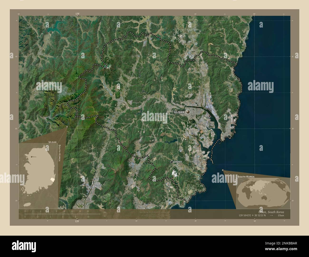 Ulsan, metropolitan city of South Korea. High resolution satellite map ...