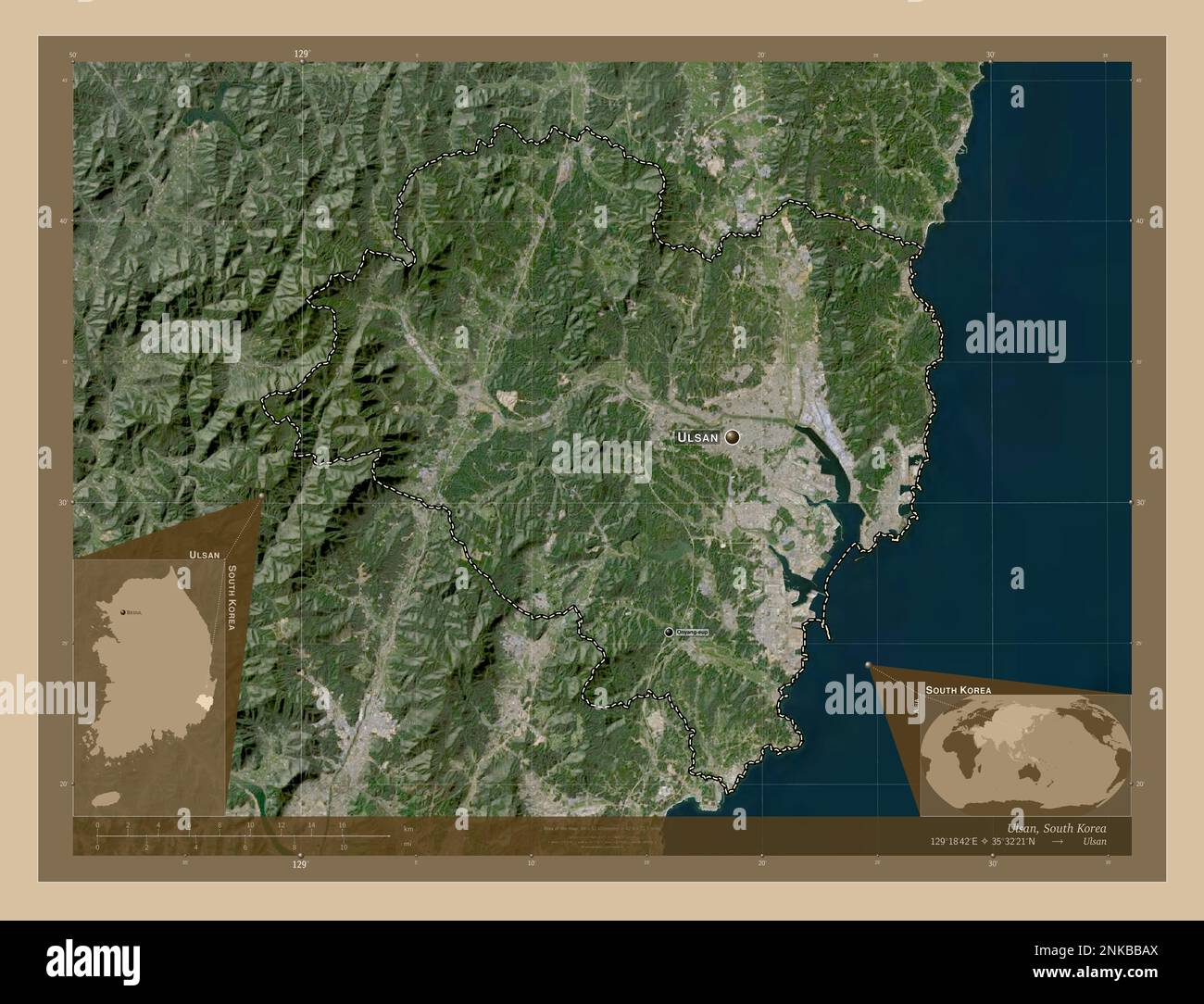 Ulsan, metropolitan city of South Korea. Low resolution satellite map ...