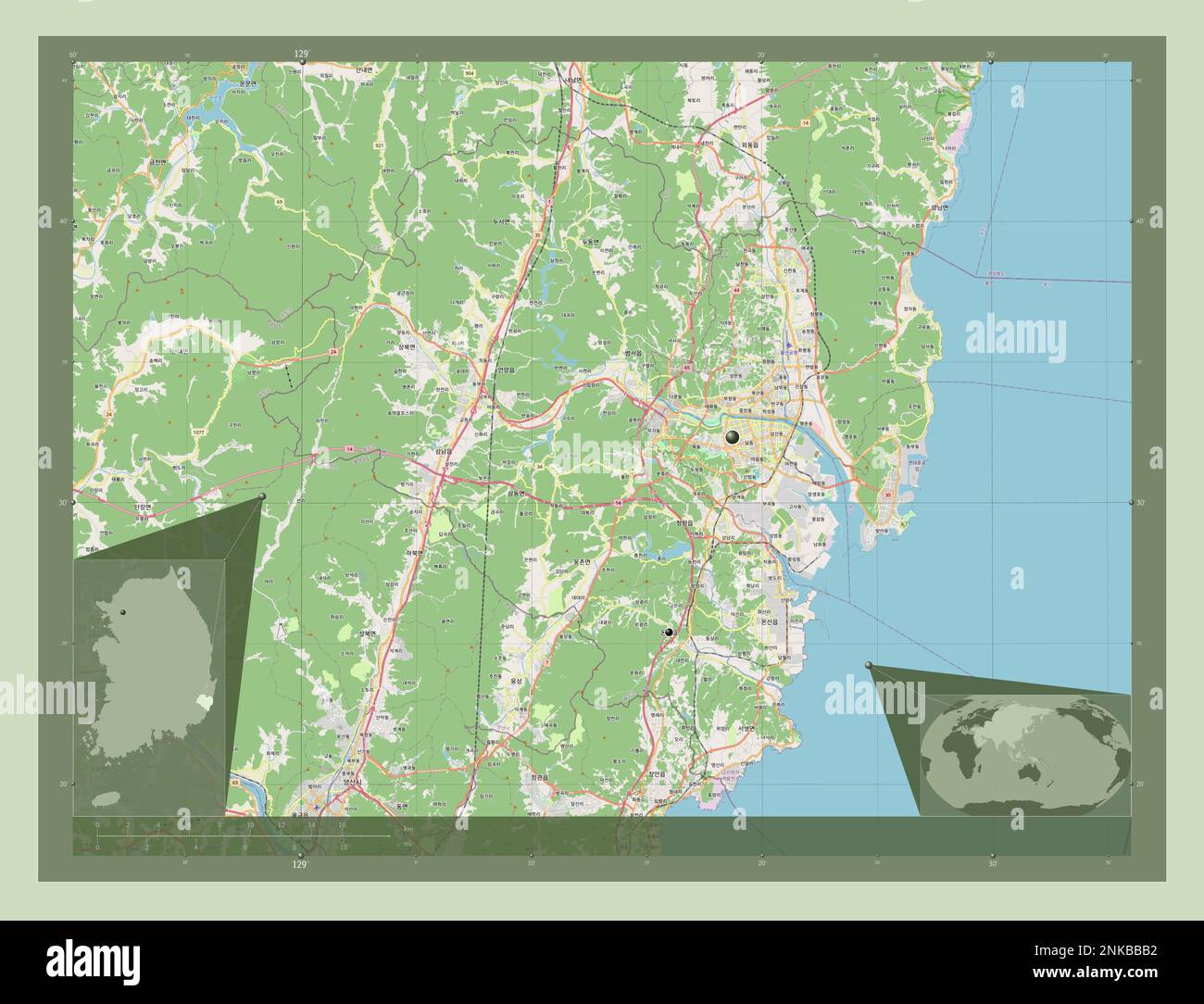 Ulsan, metropolitan city of South Korea. Open Street Map. Locations of ...