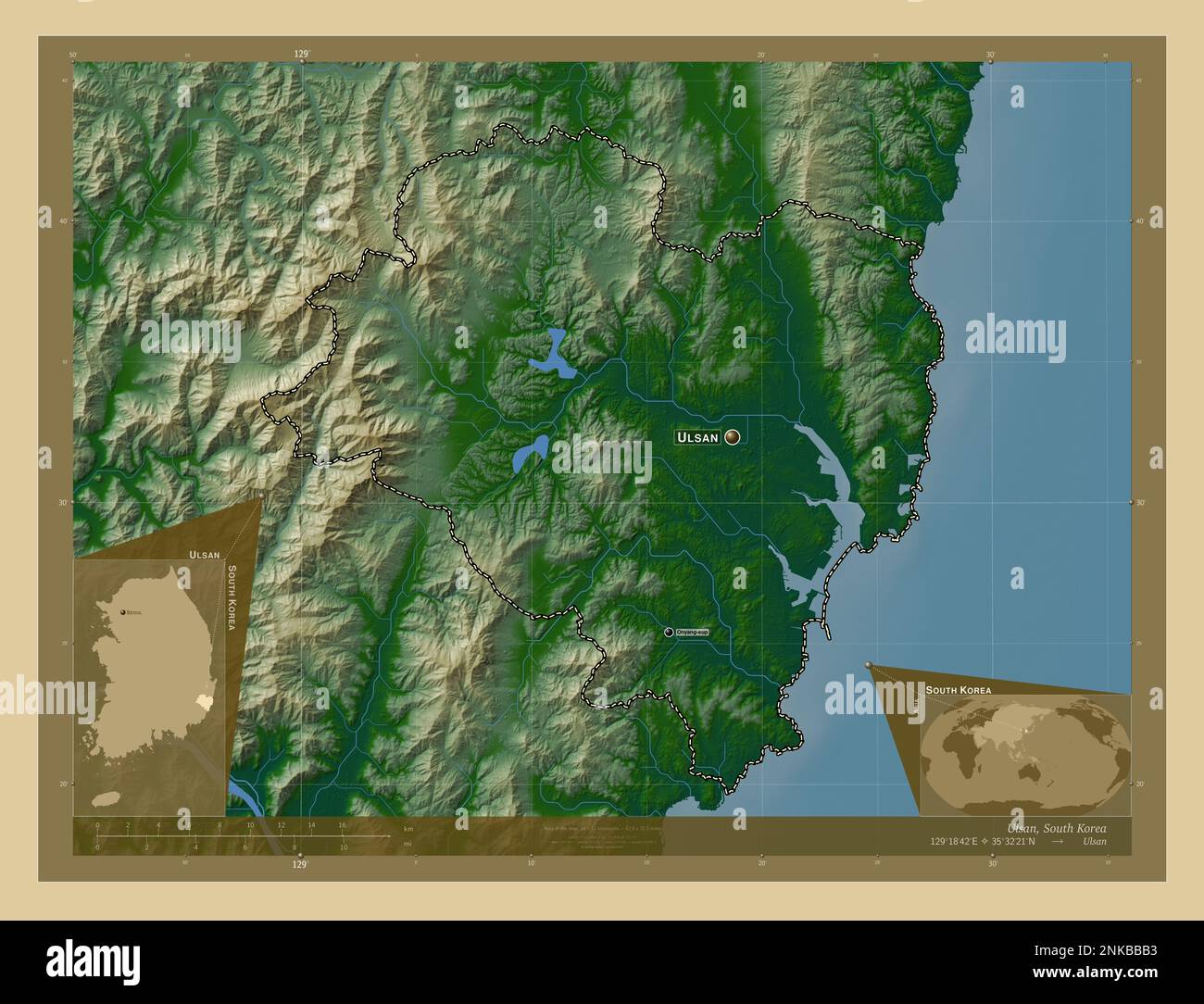 Ulsan, metropolitan city of South Korea. Colored elevation map with ...