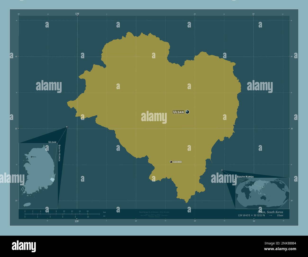 Ulsan, metropolitan city of South Korea. Solid color shape. Locations ...