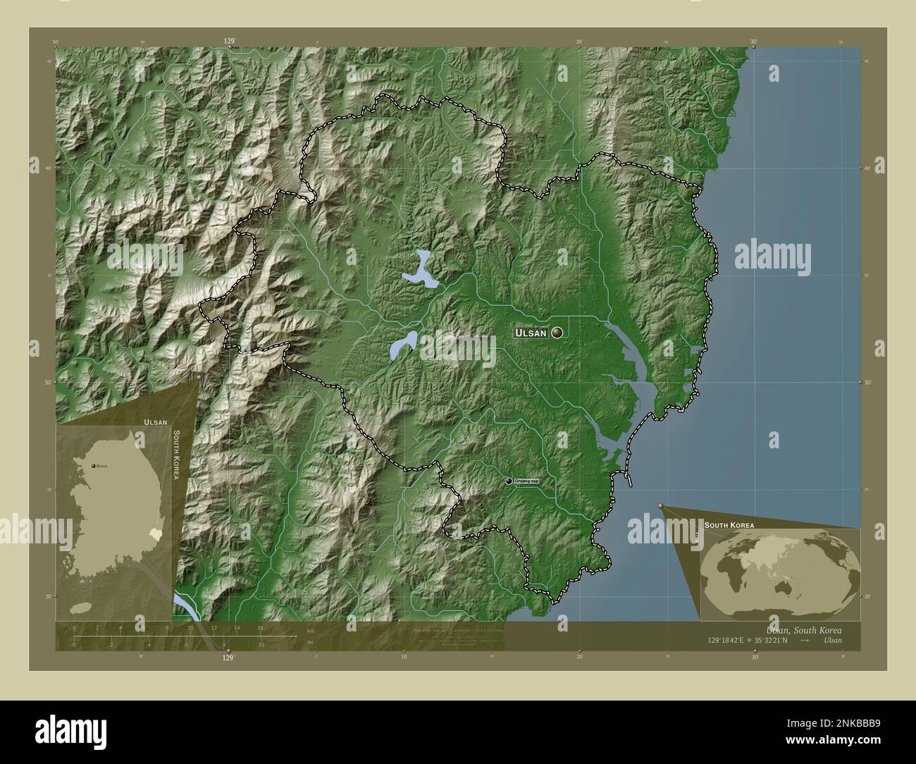 Ulsan, metropolitan city of South Korea. Elevation map colored in wiki ...