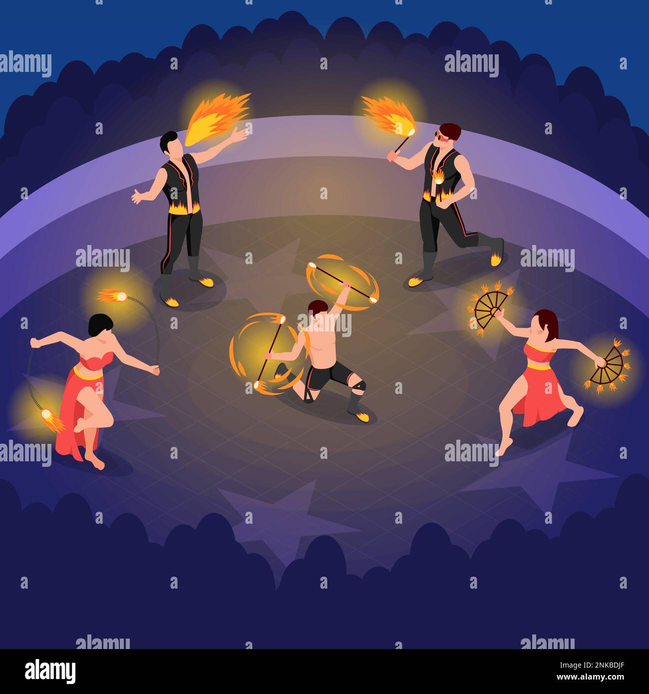 Fireshow people isometric composition with fire dance show symbols ...