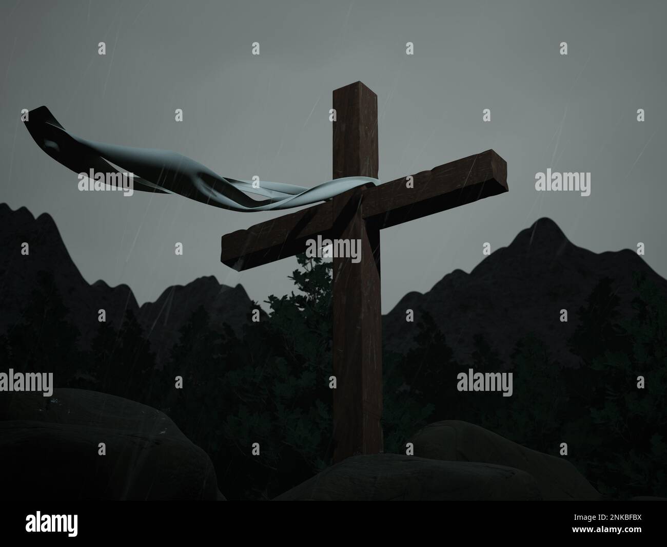 Holy dark cross with raindrops on rainy day at jerusalem hill to mourn ...