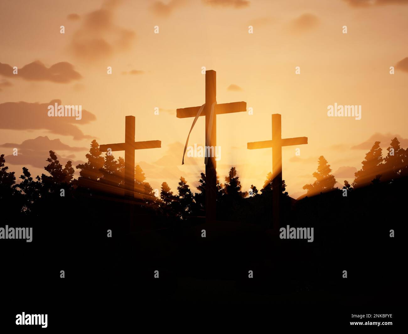 Three crosses glowing in rays of sunshine at jerusalem, easter holiday ...