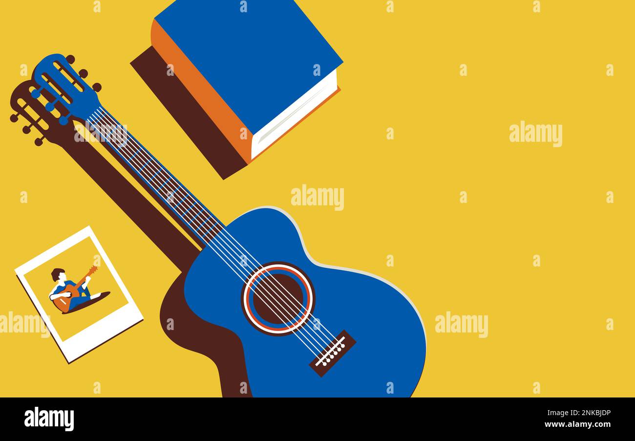 Vector illustration of a guitar and other items on a yellow background ...