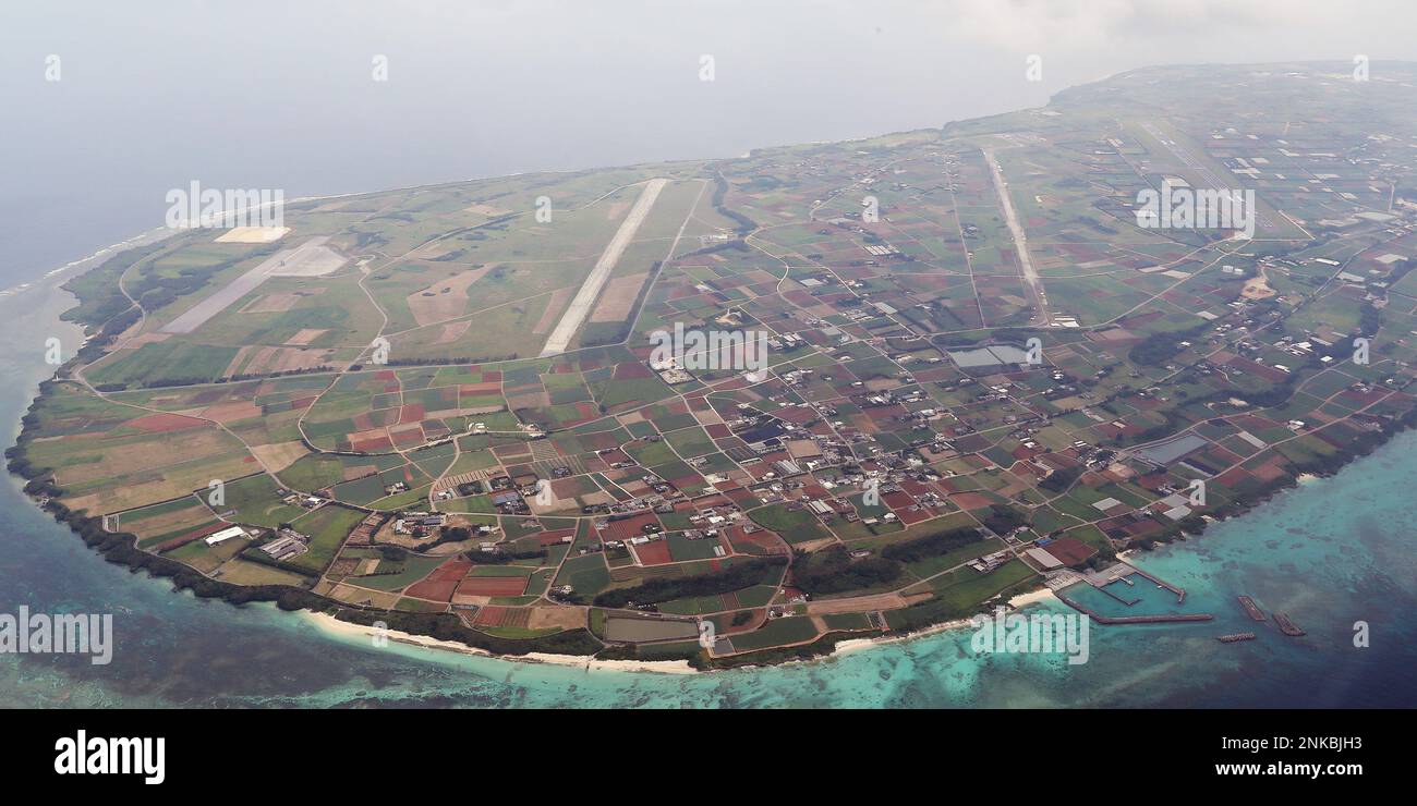 An aerial photo shows Ie Island in Ie Village, Okinawa Prefecture on ...