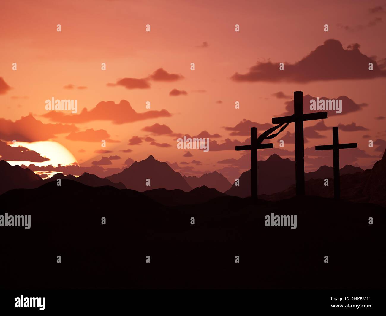 Three crosses on sacred jerusalem mountain at sunset, easter concept ...