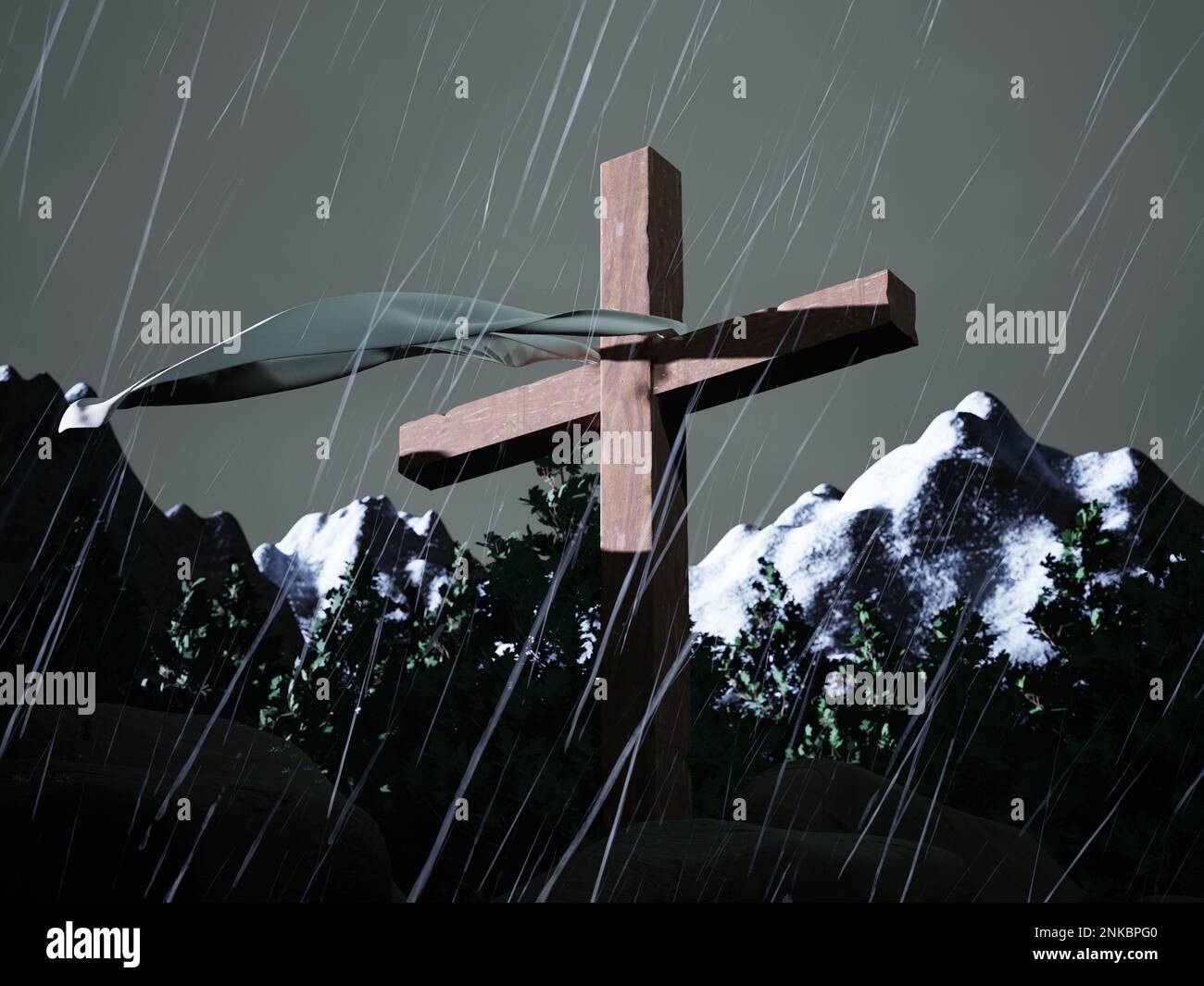 Holy cross with raindrops on dark day in mountains at jerusalem hill to ...