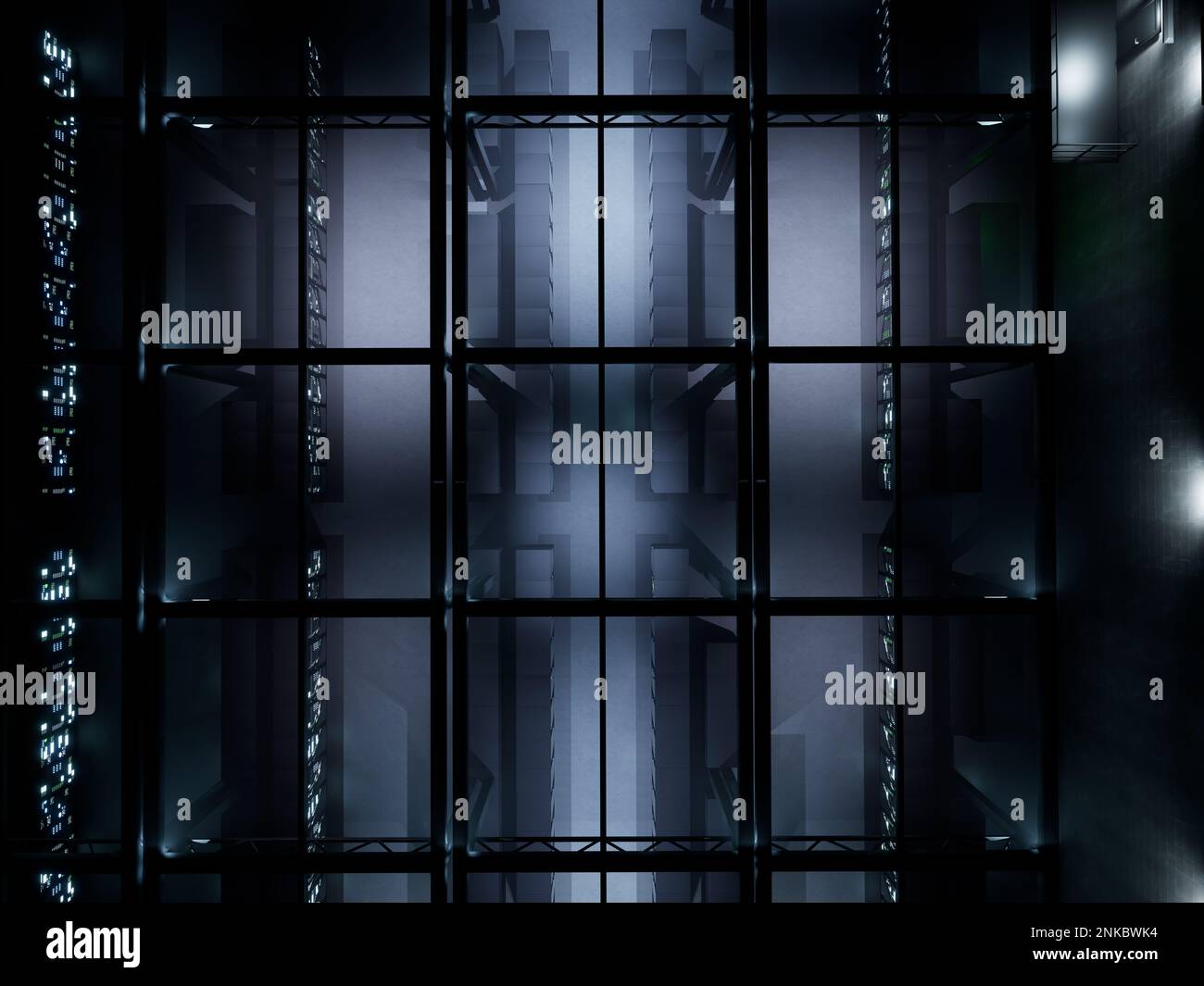 Aerial view of modern server room with cabinets, supercomputer ...