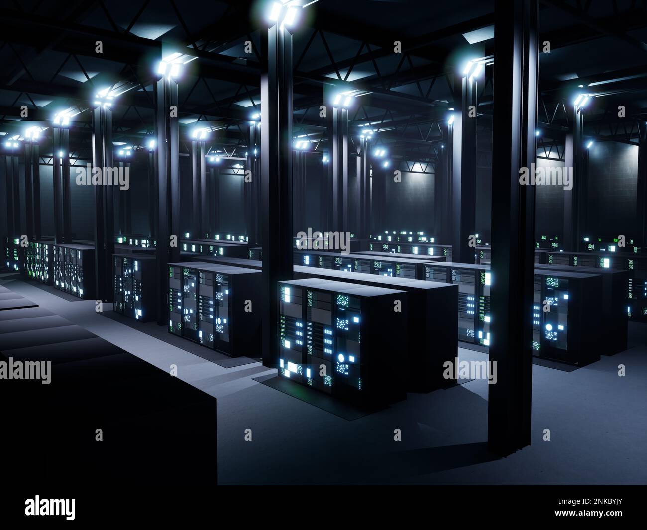 Data center space with multiple rows of server racks, digital ...