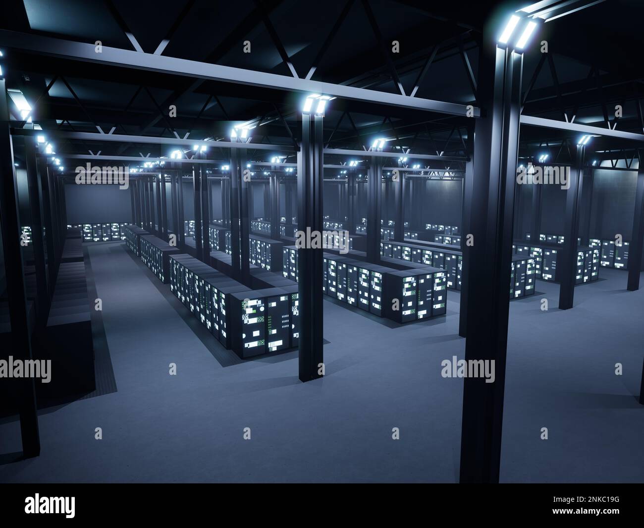 Modern data center filled with server racks and database hardware system, cloud computing ...