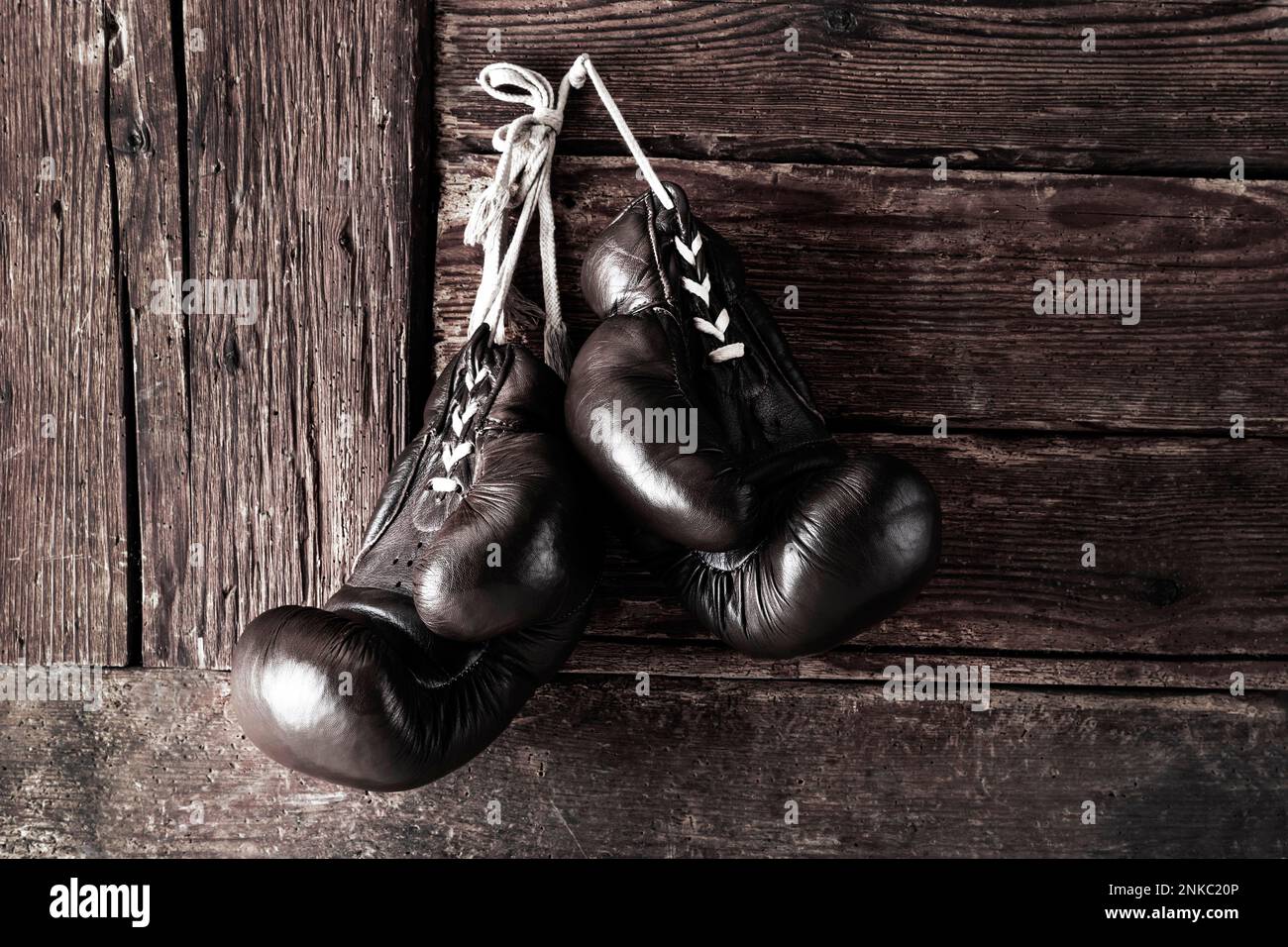 Old leather boxing gloves hanging in front of rustic wooden wall ...