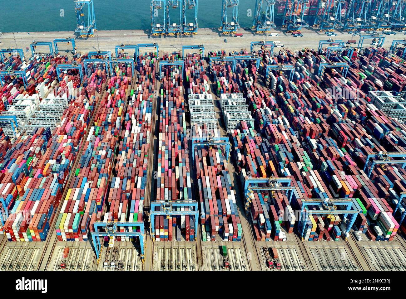 An aerial view of an automated container dockyard in Qingdao in east ...