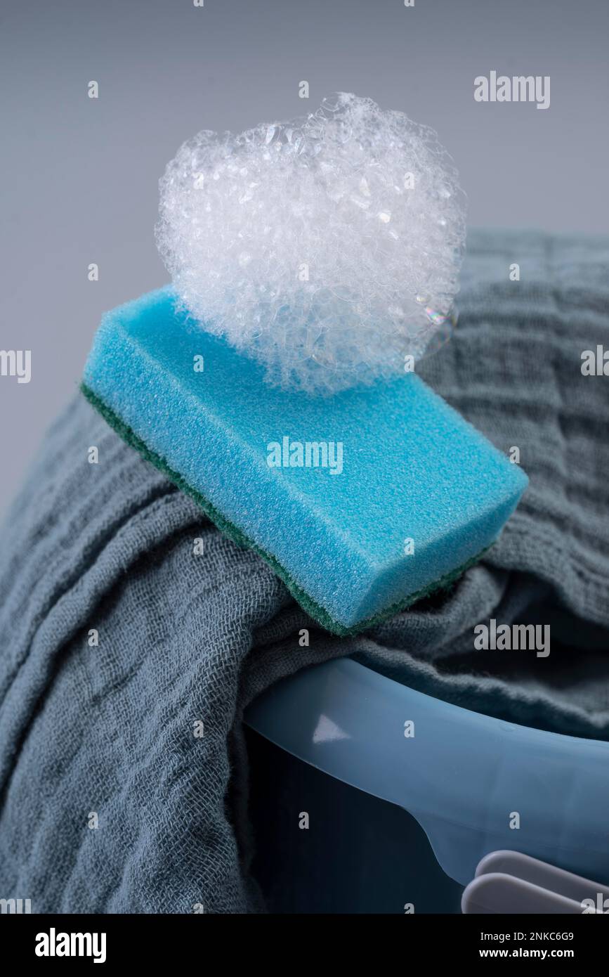 Cleaning bucket with cleaning cloth, cleaning sponge Stock Photo - Alamy