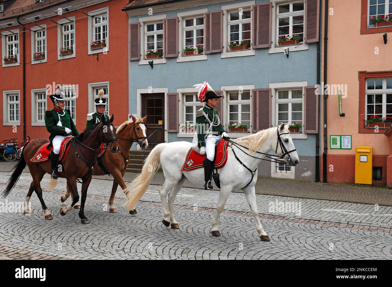 Napoleonic horsemen around 1808 patrolling the streets of Gengenbach at ...