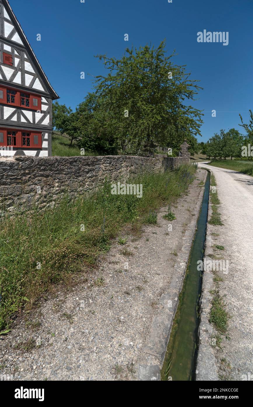 Formerly common water gutters along the roadside, on the left a ...