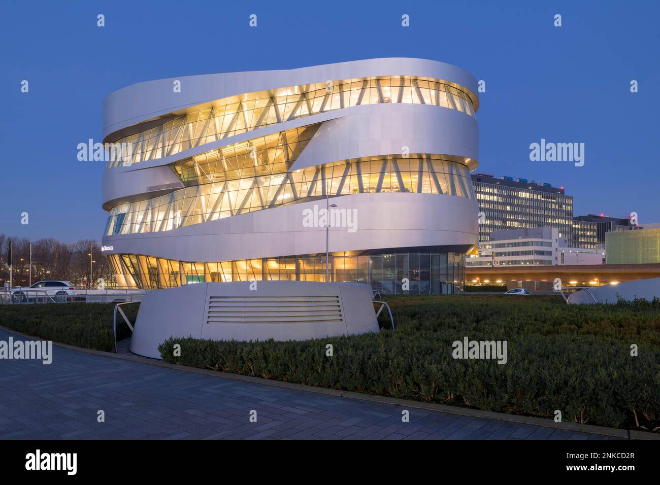 Mercedes-Benz Museum, in the evening, illuminated, modern architecture ...