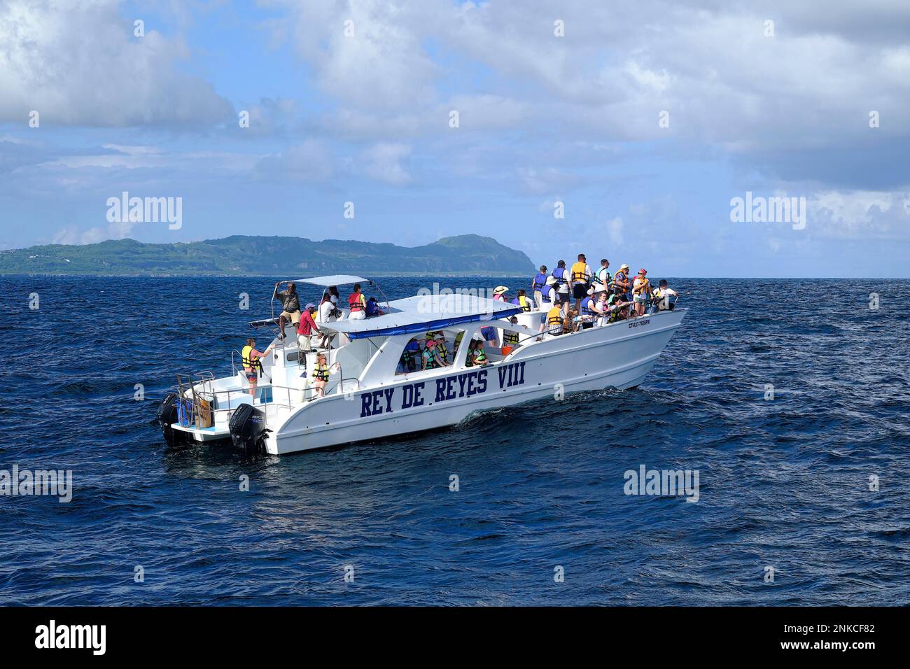 Tourists on a whale watching boat in Samana Bay, Samana, Las Terrenas ...