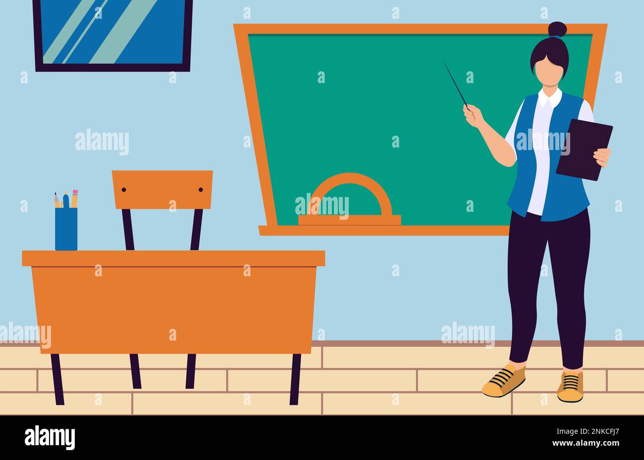 Female Teacher In Front Of Chalk Board In The Classroom Vector