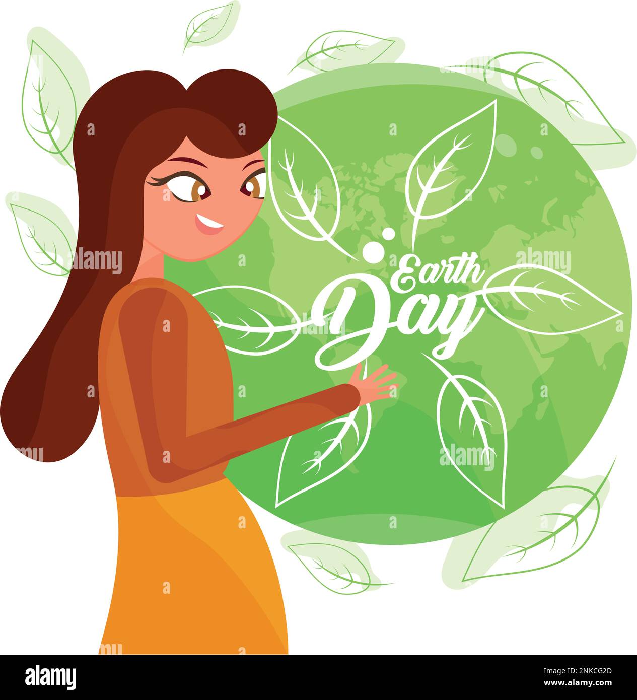 Happy girl holding an earth globe with leaves sketches Happy earth day ...