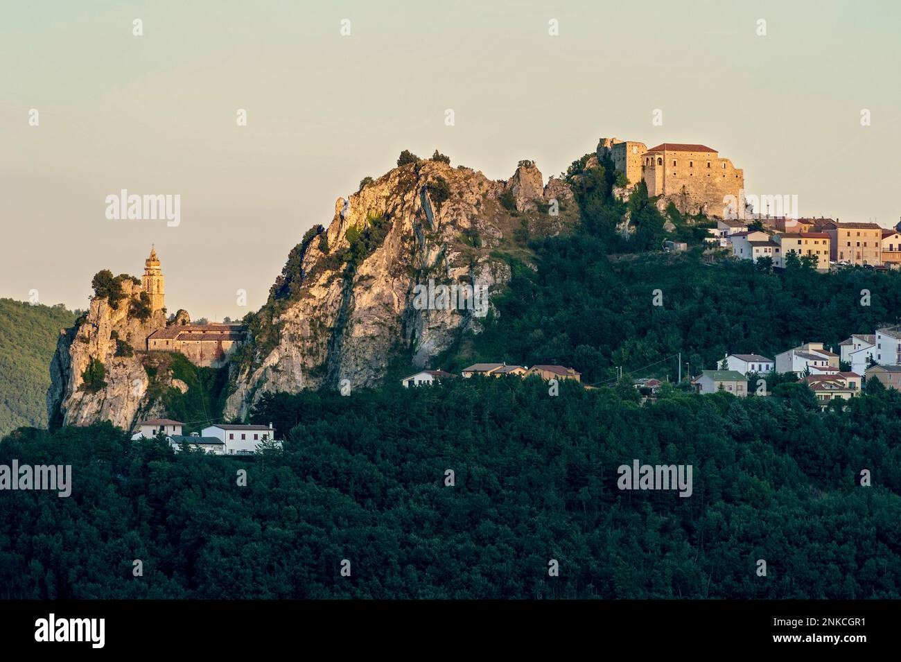 View of the rocky town of Bagnoli del Trigno with the church Chiesa di ...