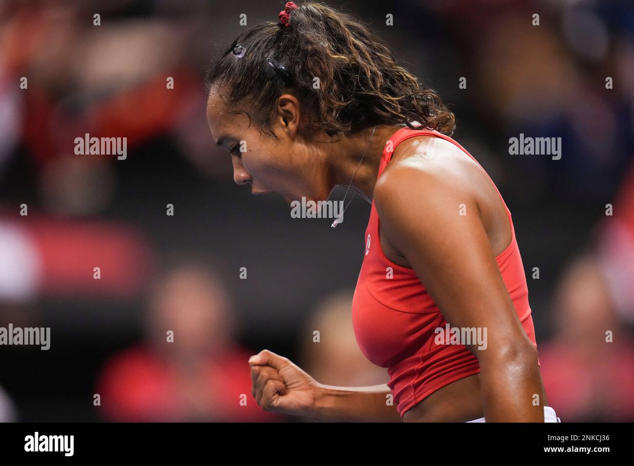 Canada's Leylah Annie Fernandez celebrates a point against Latvia's ...