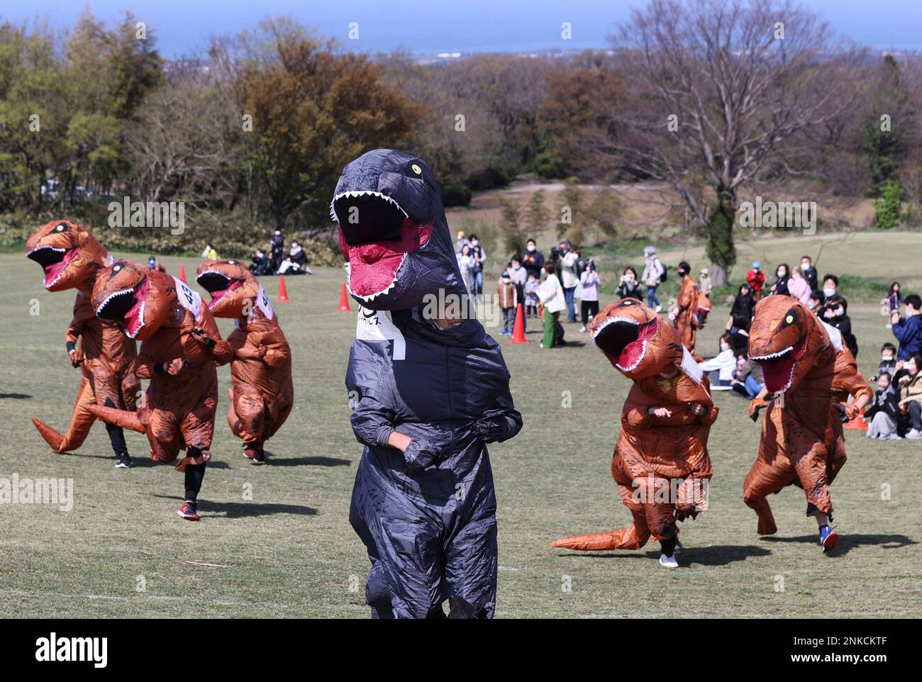 Participants in disguise as T-Rex dinosaurs attend the race in Daisen ...