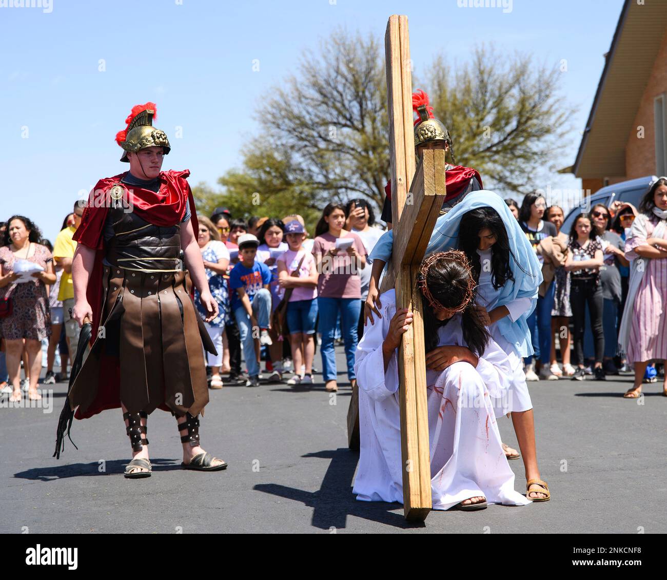 Jesus, portrayed by Pedro Muñoz, 16, meets his mother, Mary, portrayed ...