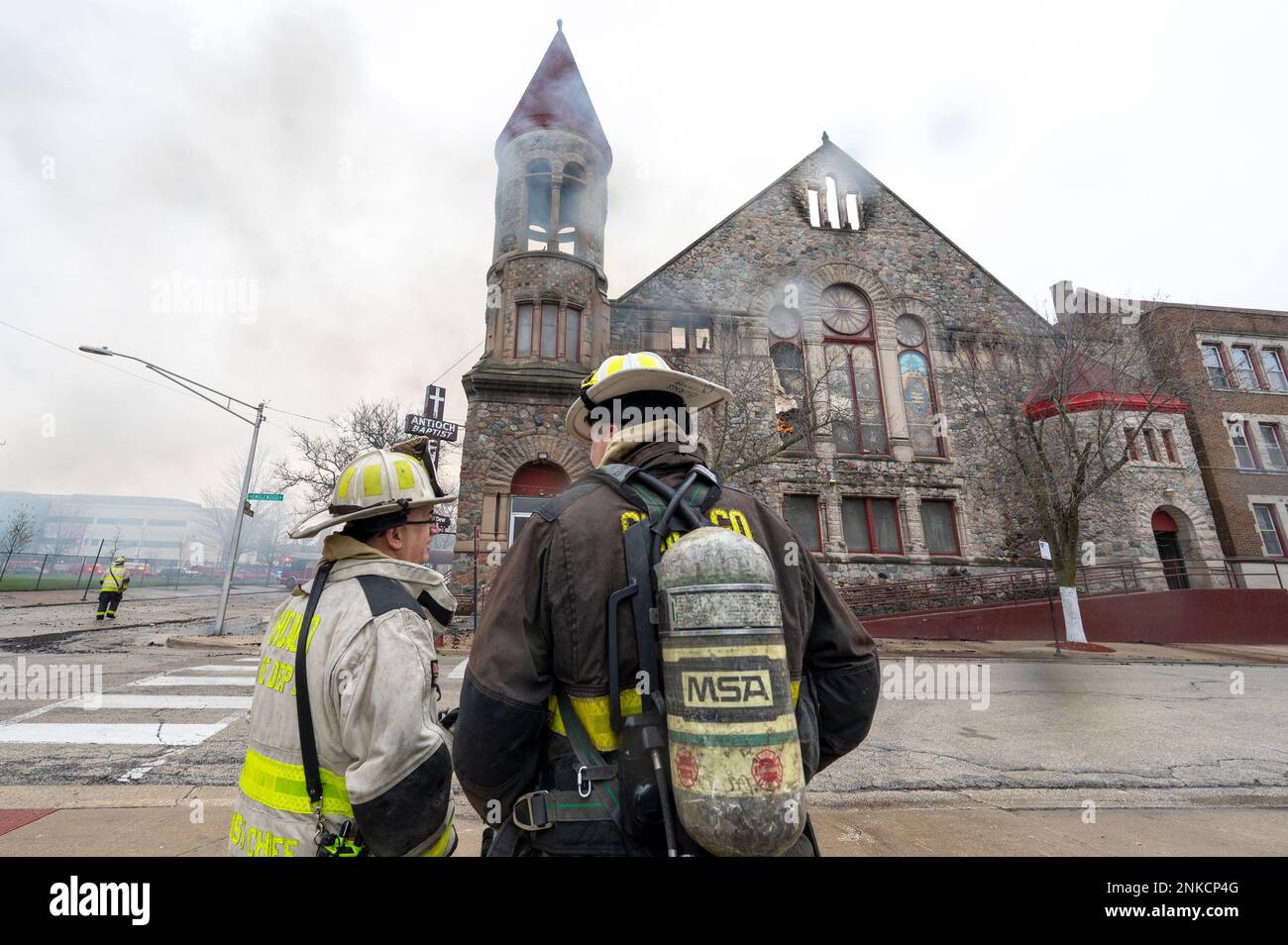 Chicago firefighters battle a fire at the Antioch Missionary Baptist ...