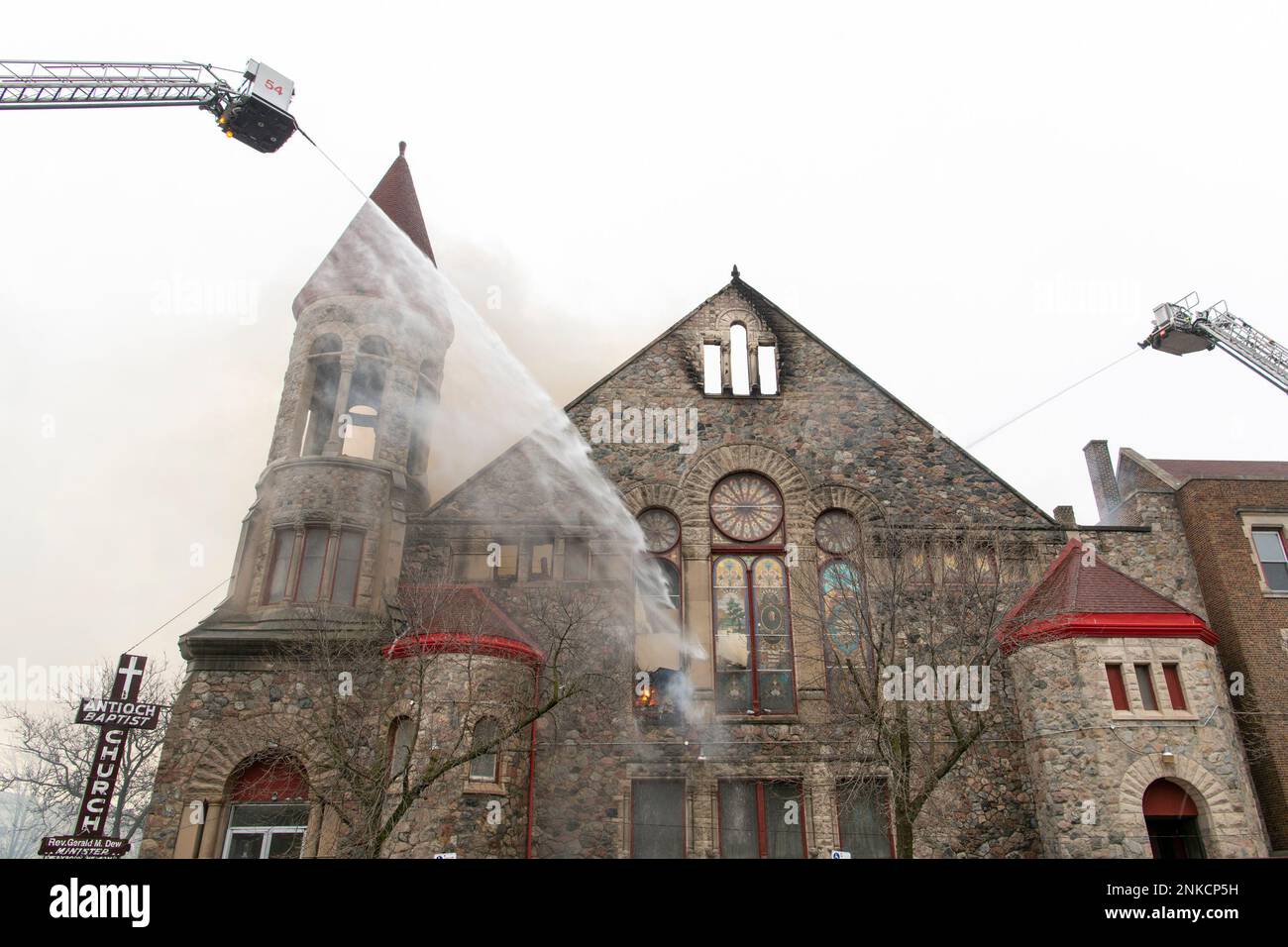Chicago firefighters battle a fire at the Antioch Missionary Baptist ...
