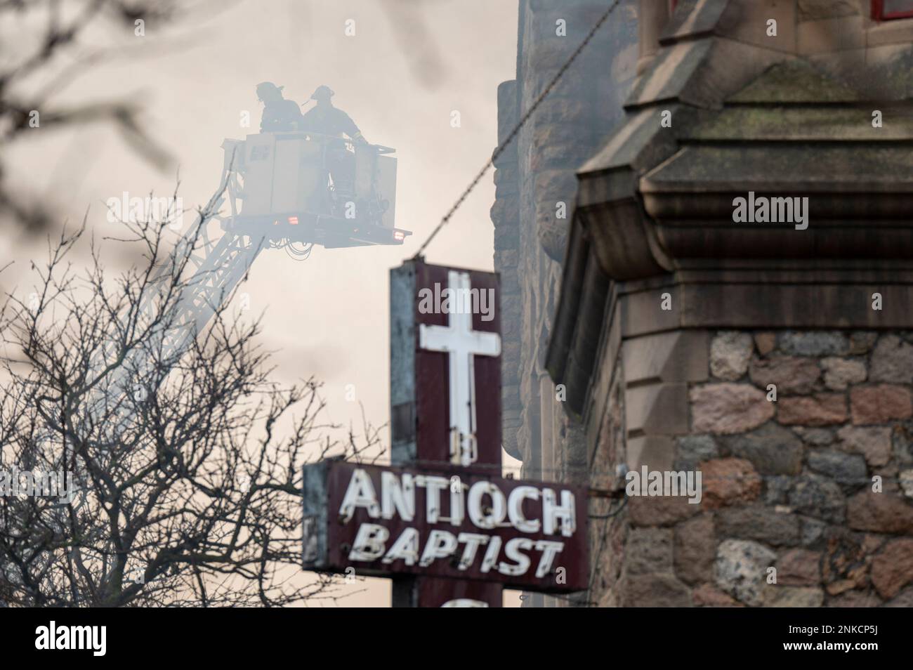 Chicago firefighters battle a fire at the Antioch Missionary Baptist ...