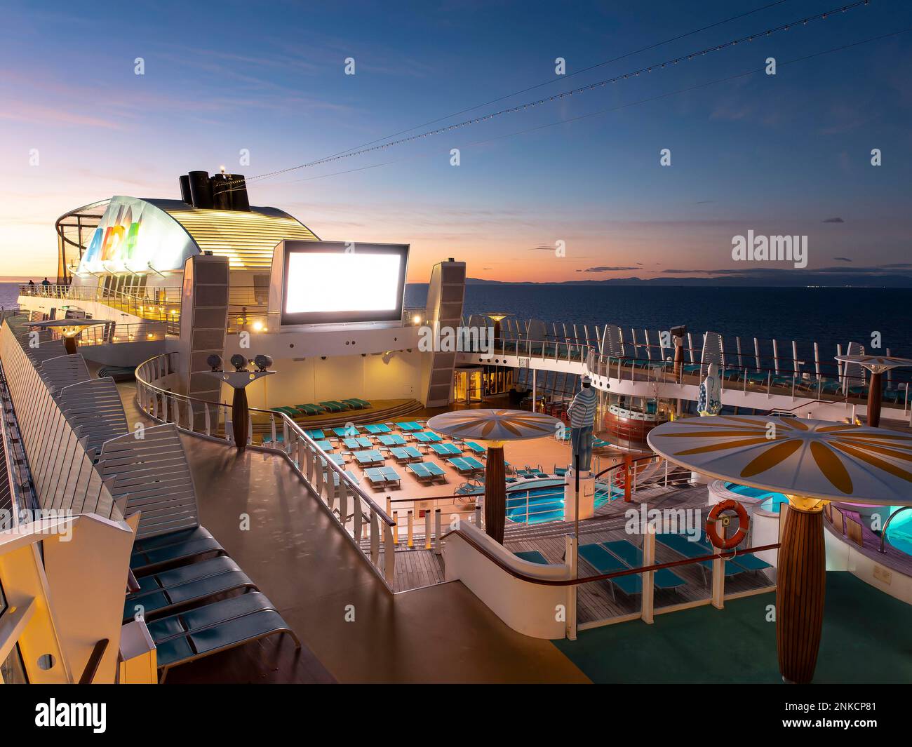 Cruise ship, AidaStella, AIDA Stella, upper deck, bathing area, sunrise ...