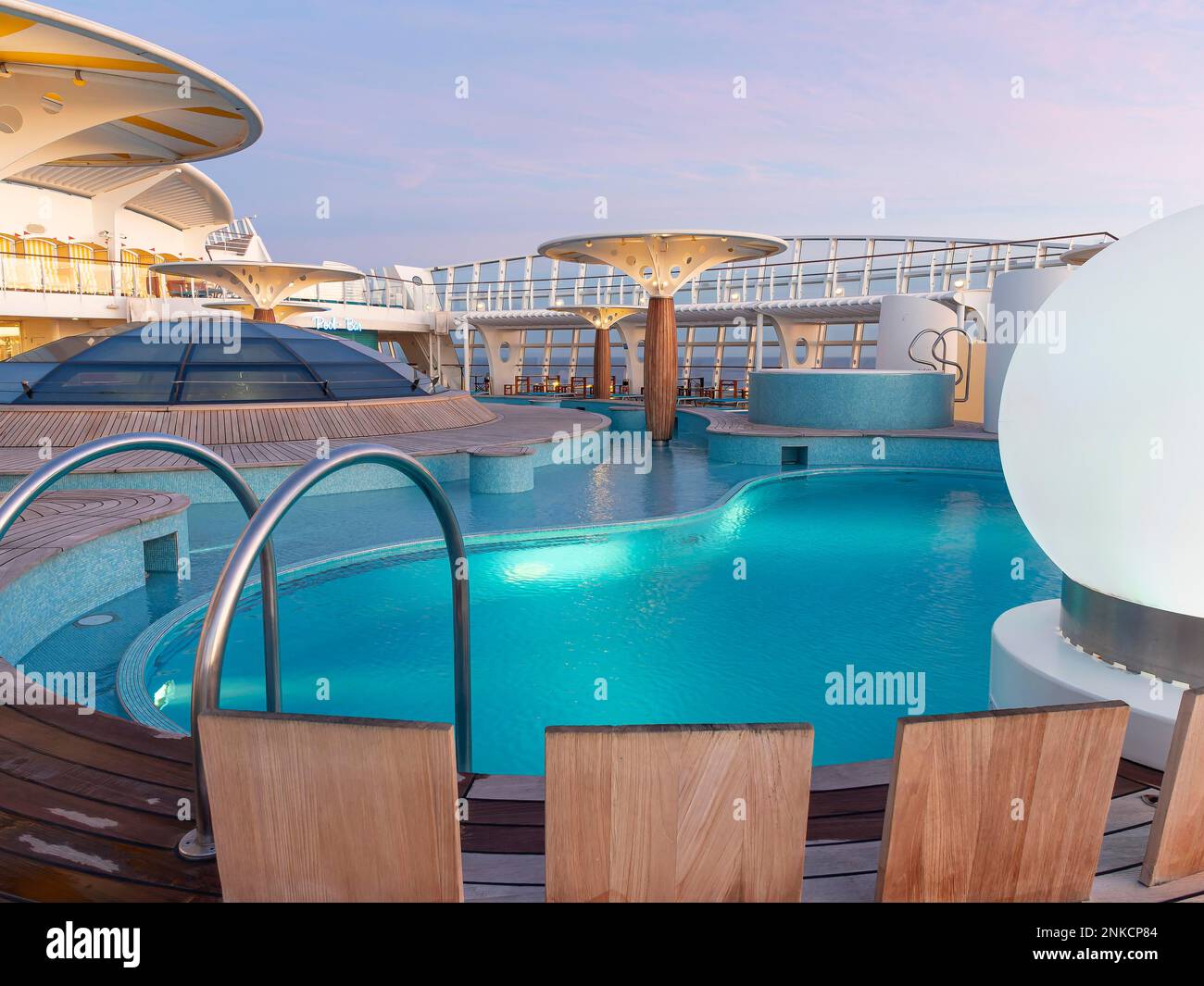 Cruise ship, AidaStella, AIDA Stella, upper deck, bathing area, sunrise ...