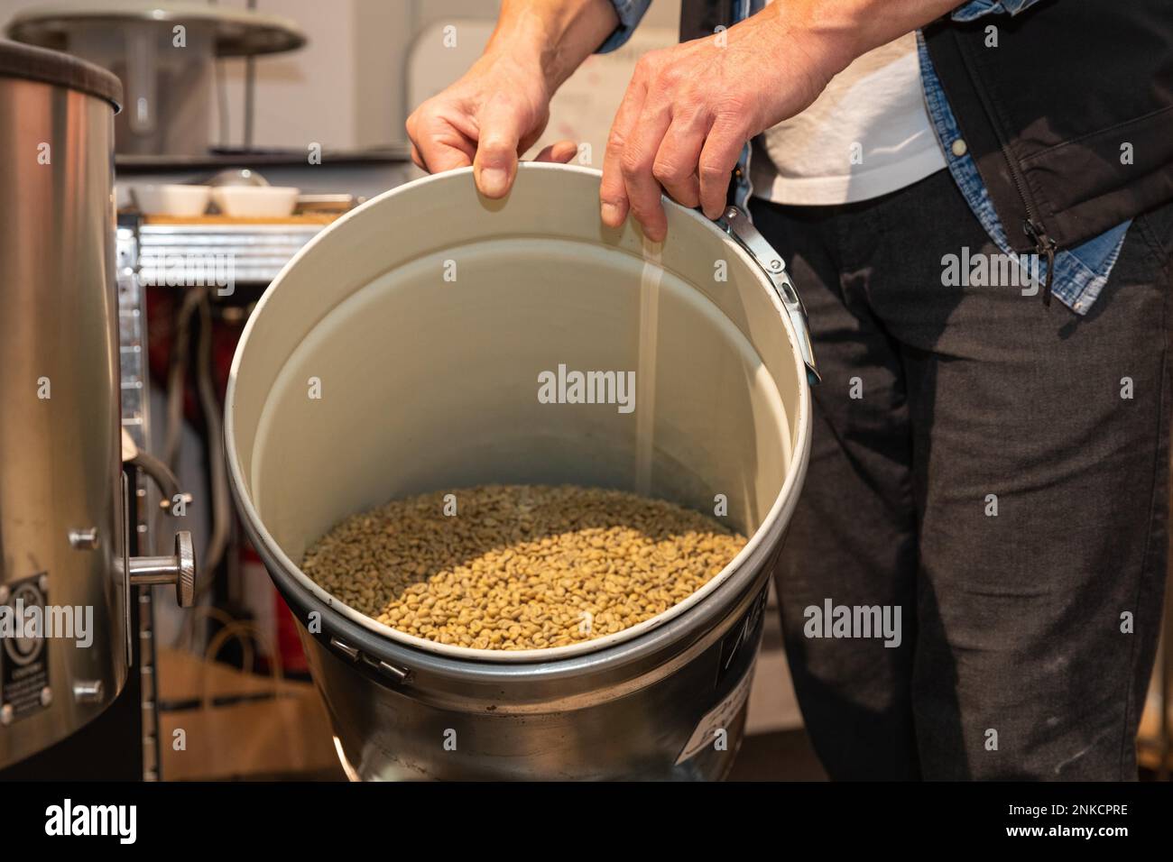 Green coffee in buckets, roasting coffee, process of roasting coffee ...