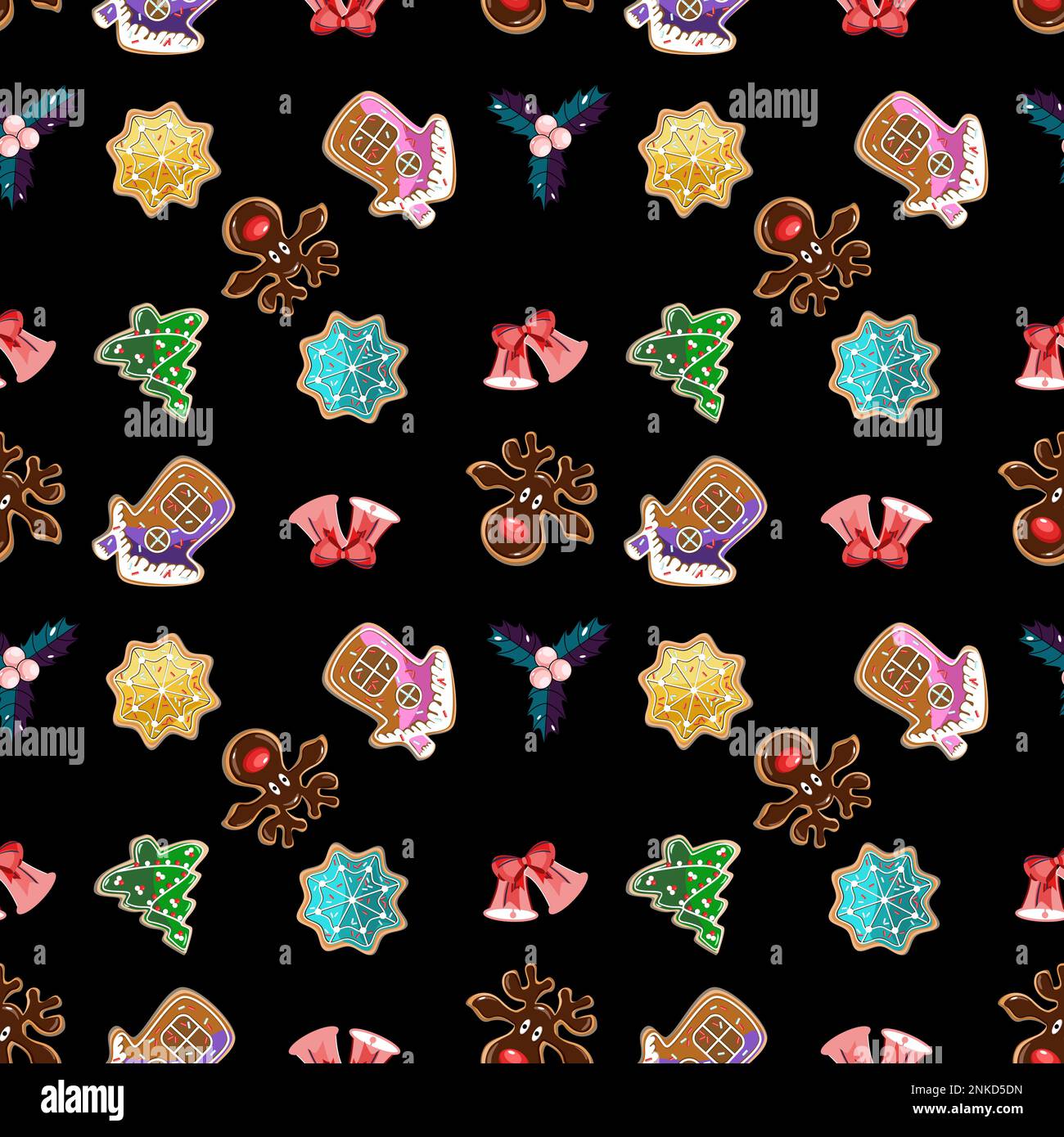 Seamless holiday pattern with gingerbread and bells vector illustration ...