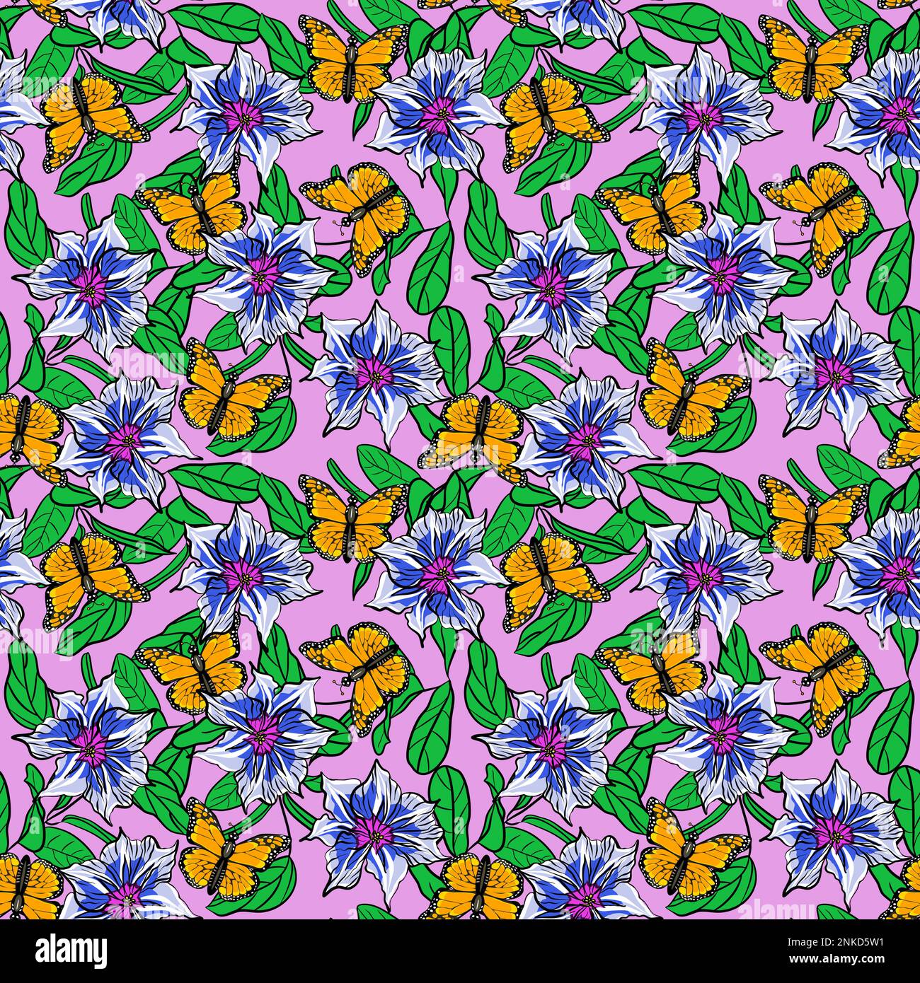 Seamless floral pattern with exotic flowers and monarch butterflies ...