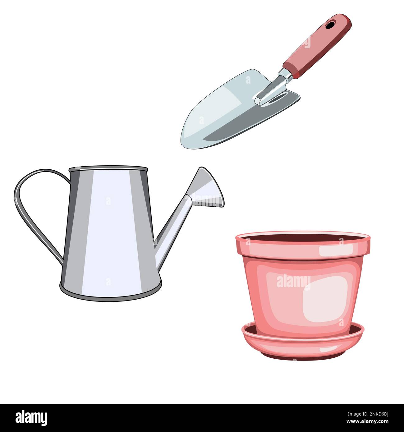 Watering can, shovel and flower pot in flat technique vector ...