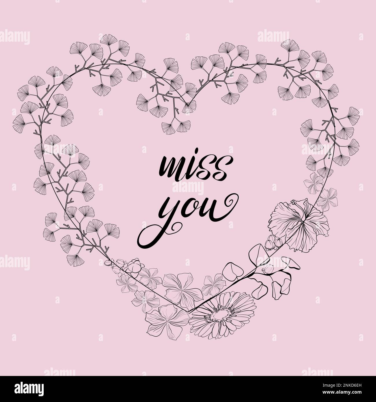 Miss you vector illustration with heart and floral decoration ornament ...