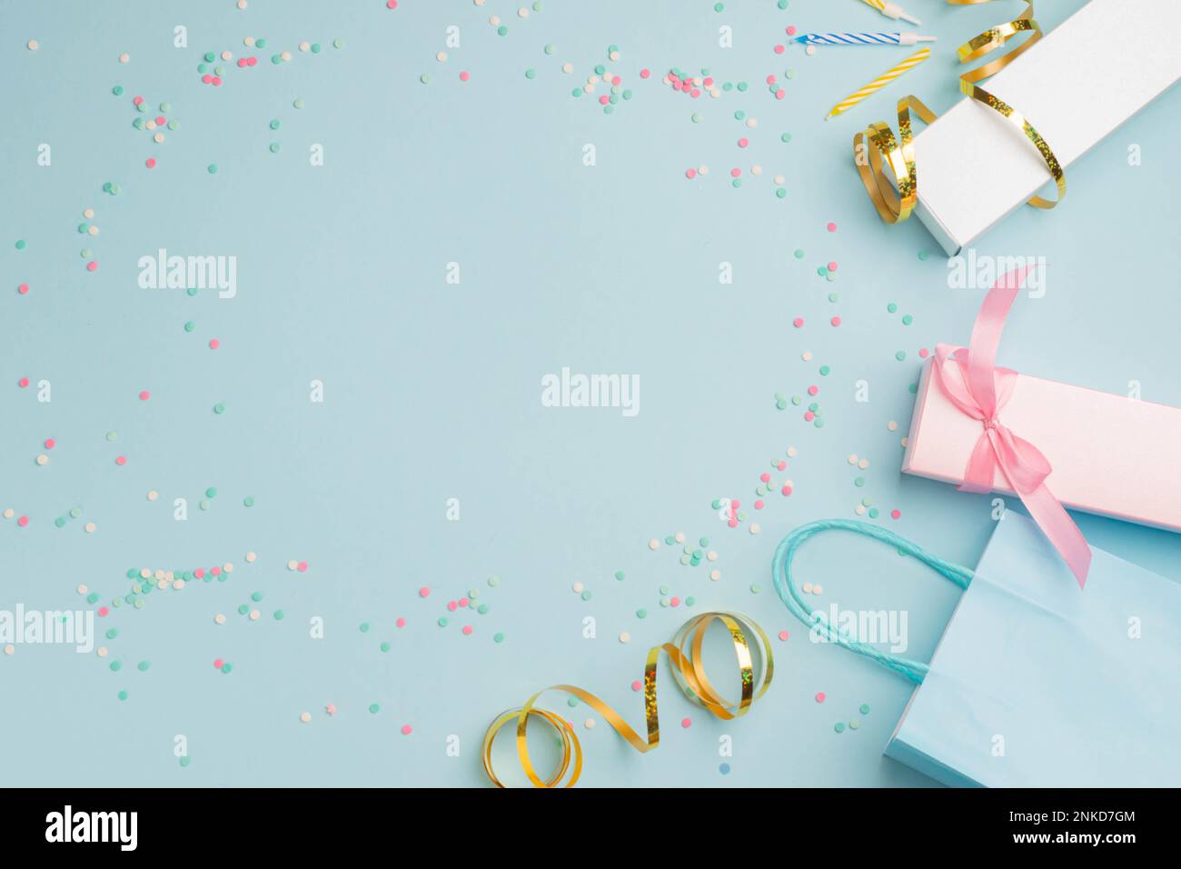 Gift boxes serpentine confetti and glitter packages, festive blue ...